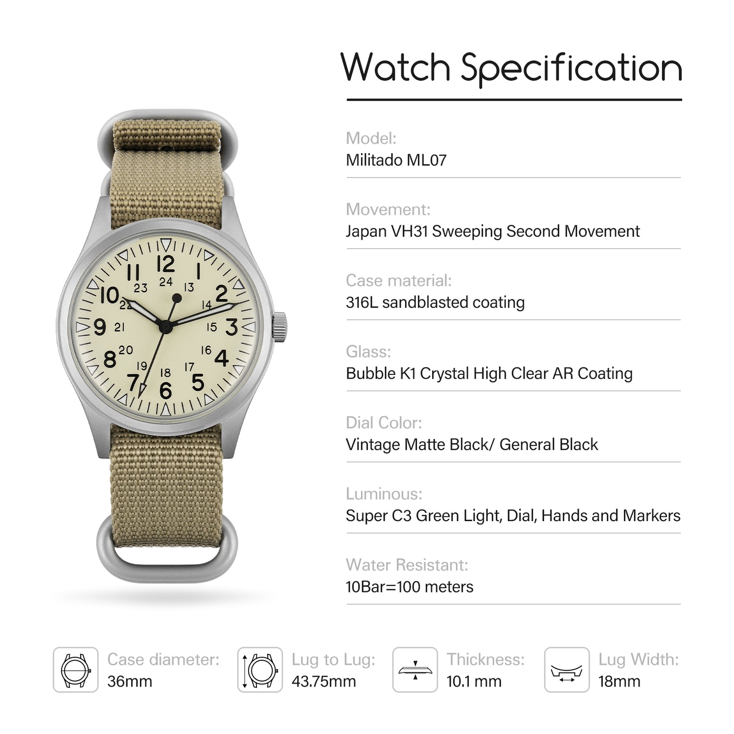 Militado 36mm High Domed VH31 Field Watch ML07